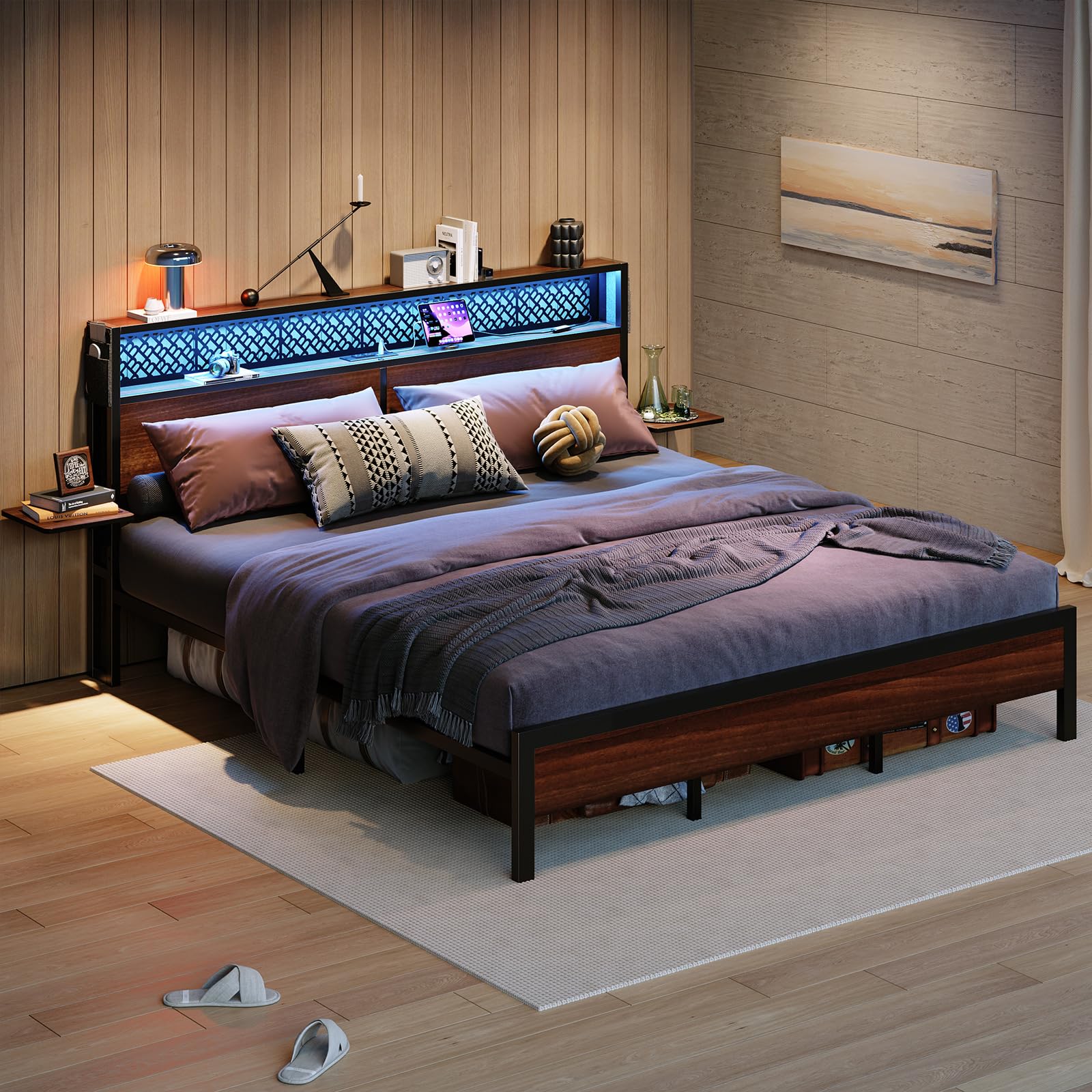 Bestier Queen Size Bed Frame with Headboard and Foldable Bedside Shelves Storage, LED Platform Bed Frame with Charging Station, Walnut