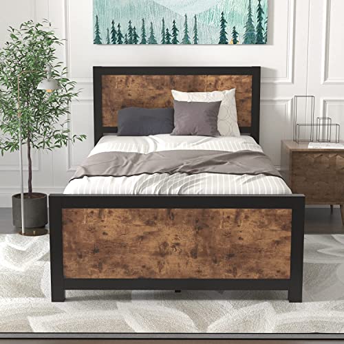 Catrimown Twin Size Metal Bed Frame with Rustic Brown Wooden Headboard,Mattress Foundation,Large Under Bed Storage,Metal Slat Support,No Box Spring Needed,Easy Assembly