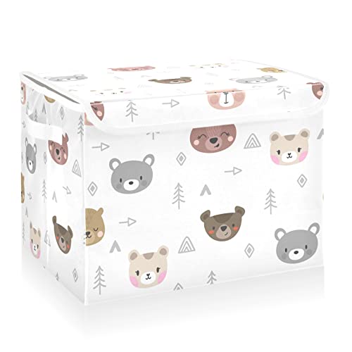 CaTaKu Forest Bear Cute Storage Bins with Lids and Handles, Fabric Large Storage Container Cube Basket with Lid Decorative Storage Boxes for Organizing Clothes