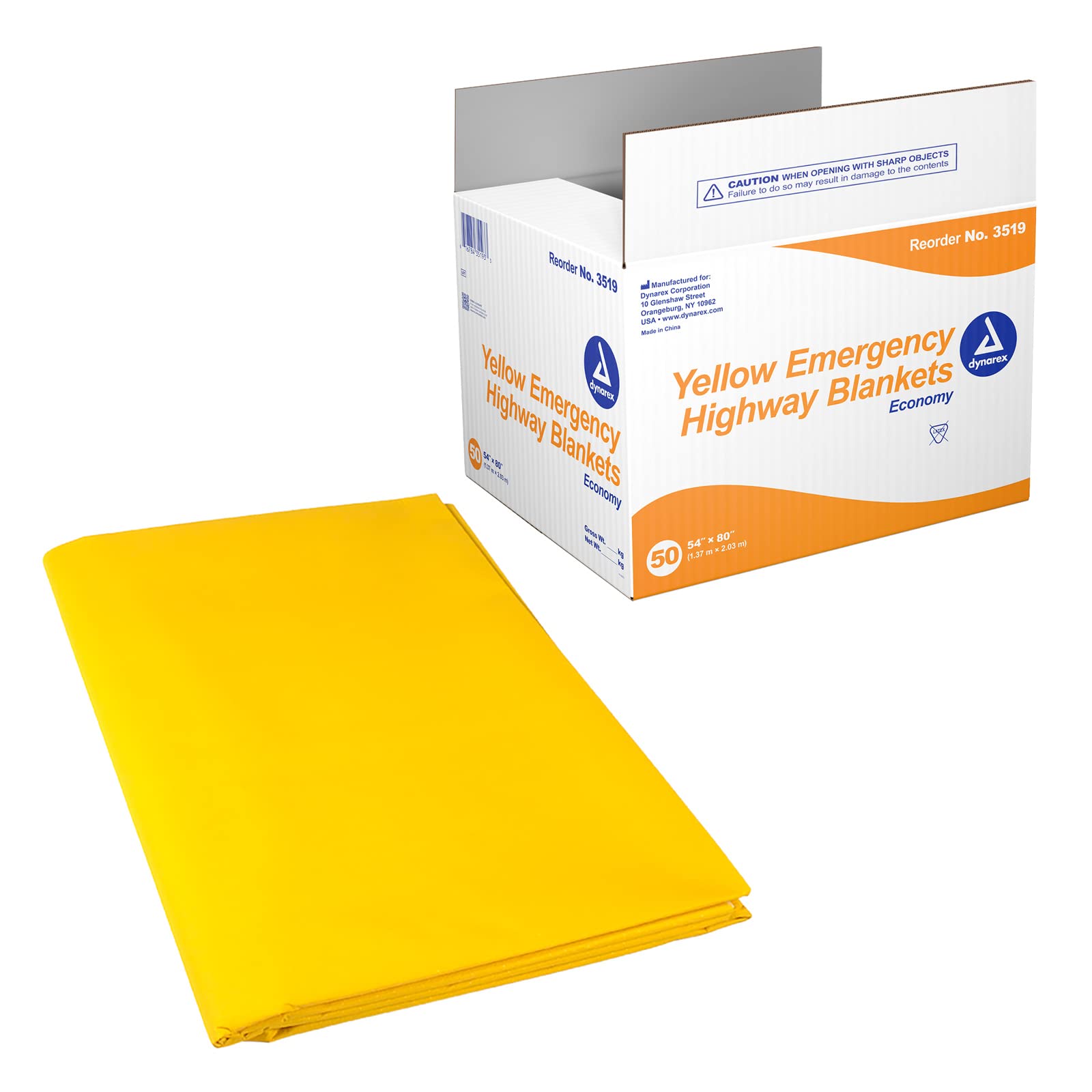 Dynarex 3519 Emergency Highway Blanket, Economy, Disposable and Water Repellent, Provides Full Coverage, Highly Visible for Safety, Yellow, 54" x 80", Pack of 50