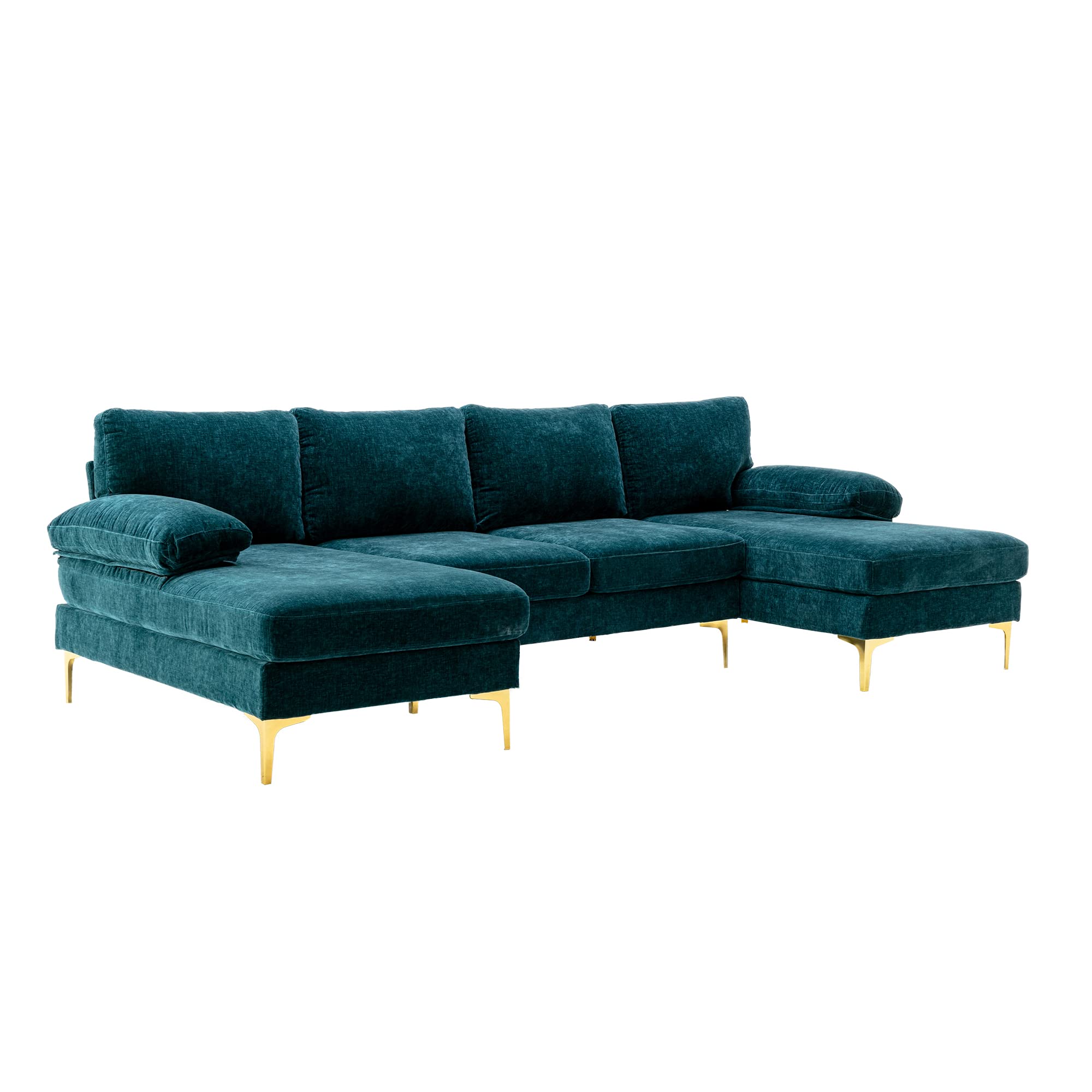 Pvillez Modern Sectional Sofa with Double Chaise Large Convertible Couches Chenille U-Shape Couch with Rolled Arms and Golden Legs Oversize Yellow Sofa for Living Room Comfortable Modular Sofa