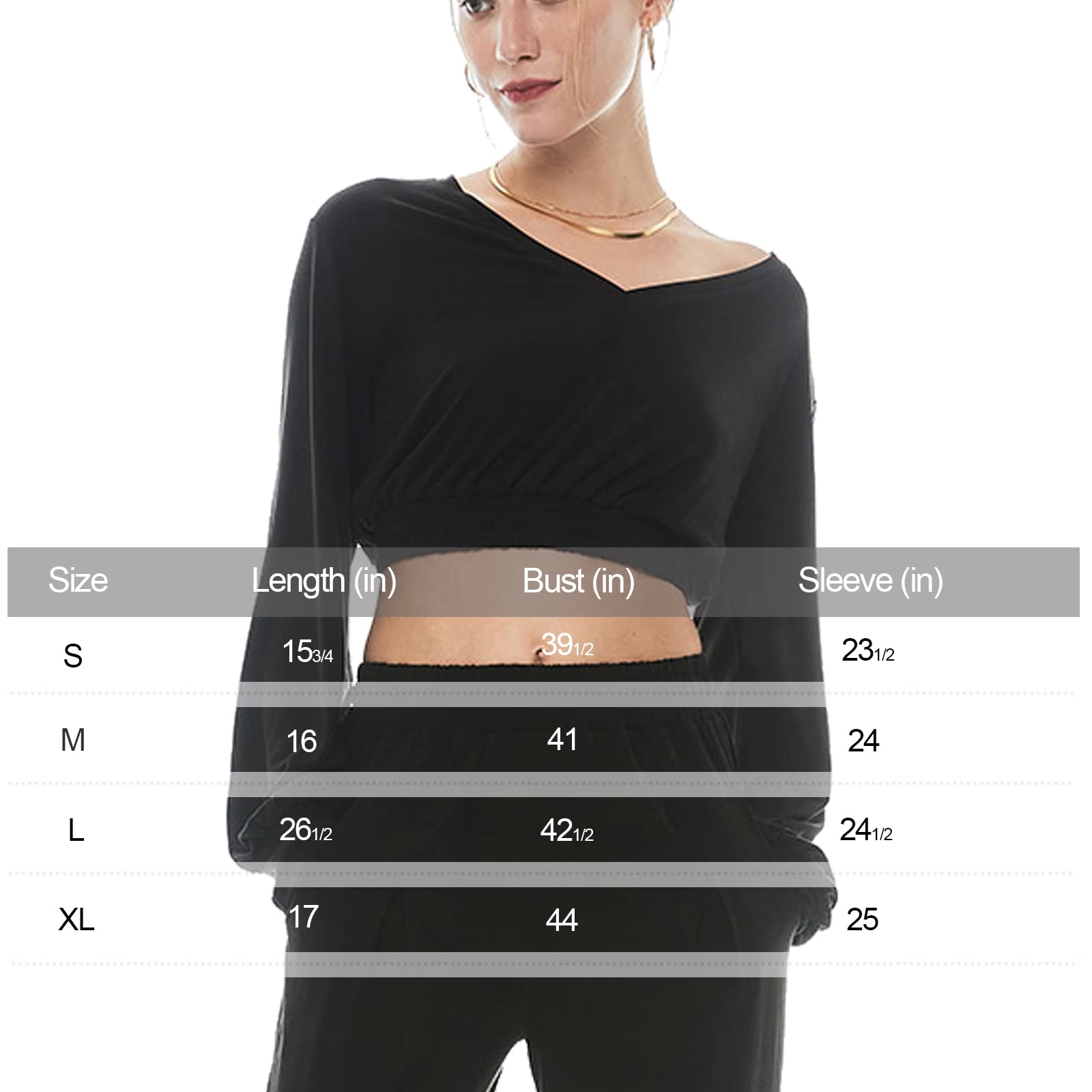 ARECON Long Sleeve Crop Tops Blouses for Women Relaxed Fit V-Neck Cropped Sweatshirt Pullover Athletic Running Workout Tops Black