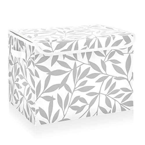 CaTaKu Leaf Grey Storage Bins with Lids and Handles, Fabric Large Storage Container Cube Basket with Lid Decorative Storage Boxes for Organizing Clothes
