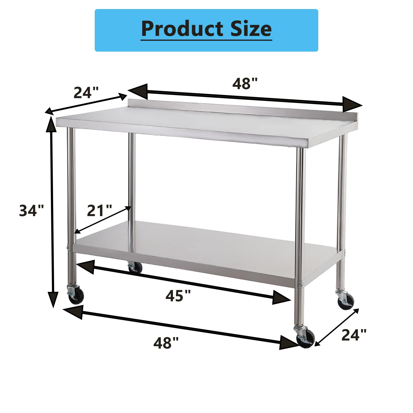 Comllen Stainless Steel Work Table, 48x24 Inches Stainless Steel Table with 4 Wheels, Commercial Heavy Duty Tables for Commercial Kitchen, Restaurant, Hotel and Garage