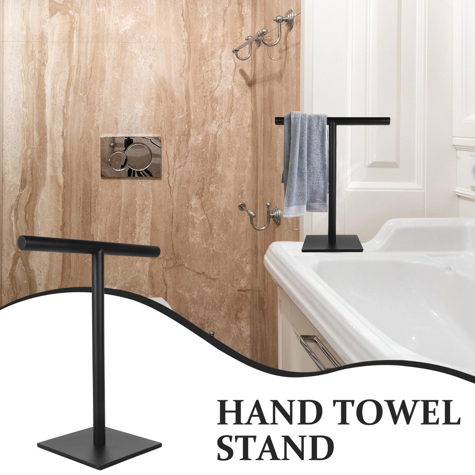 Luxshiny Hand Towel Holder Standing Stainless Steel T-Shape Towel Bar Rack Stand for Bathroom Kitchen Vanity Countertop Black