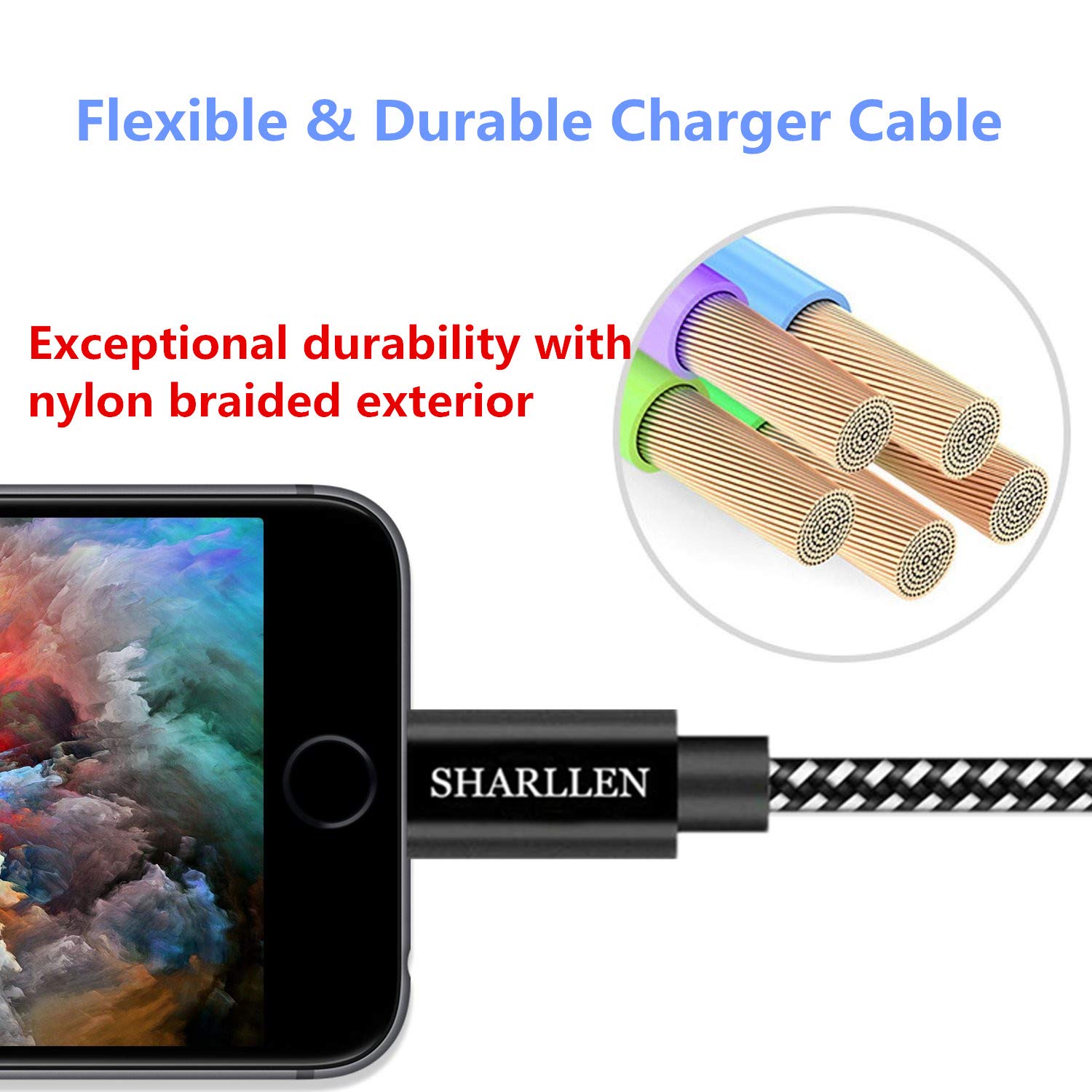 Sharllen 5 Pack 6 Feet MFi Certified Lightning Cable, Fast USB iPhone Charging Cable, Compatible with iPhone 12/11Pro/XS/Max/X/8/8P/7P/6/6P/iPad, Nylon Braided Data Wire, Black