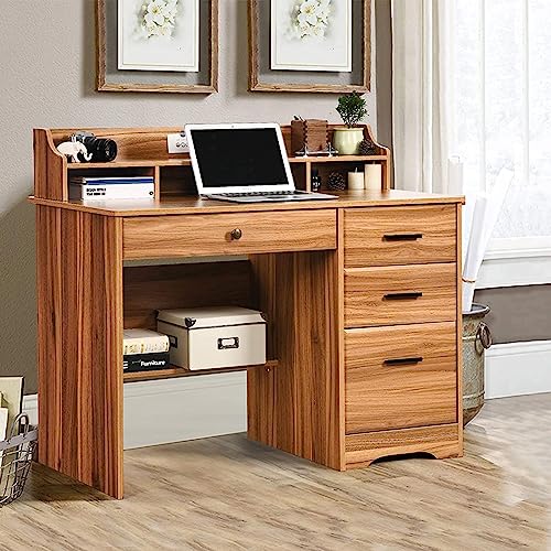 Computer Desk with 4 Drawers and Storage, Small Office Desk with File Drawers and Hutch, Farmhouse Wood Writing Student Table for Home Office, Bedroom, Rustic Brown
