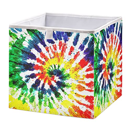 CaTaKu Rainbow Tie Dye Cubes Storage Bins 11 inch Collapsible Fabric Storage Baskets Shelves Organizer Foldable Decorative Bedroom Storage Boxes for Organizing Home