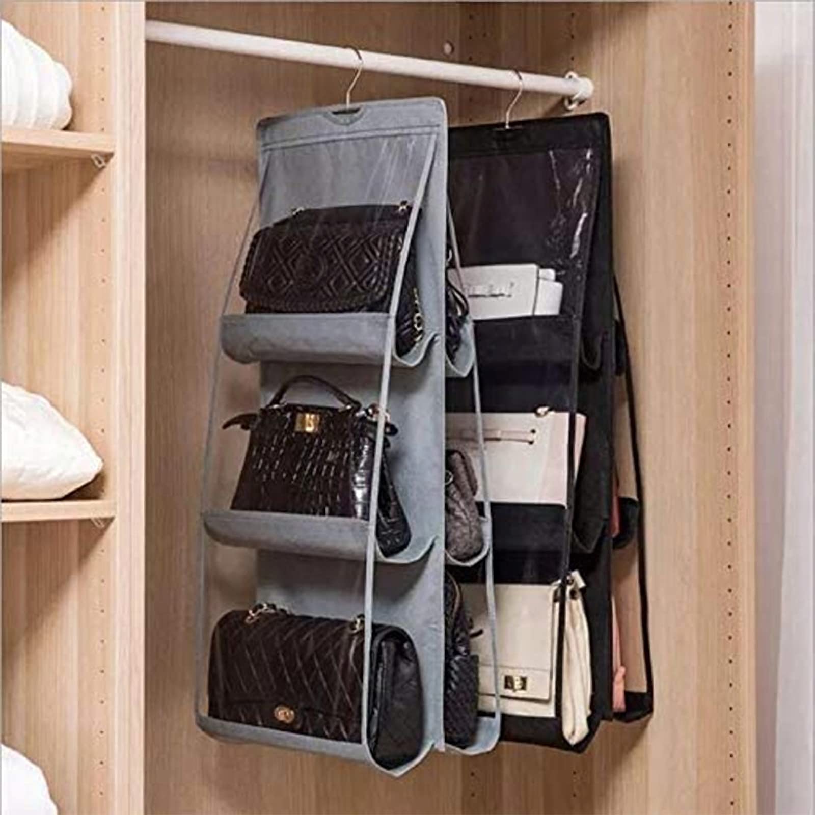 FAJYAZ Purse Organizer for Closet, Handbag Organizer with 6 Large Transparent Pockets, Washable Purse Organizer Storage(Black)