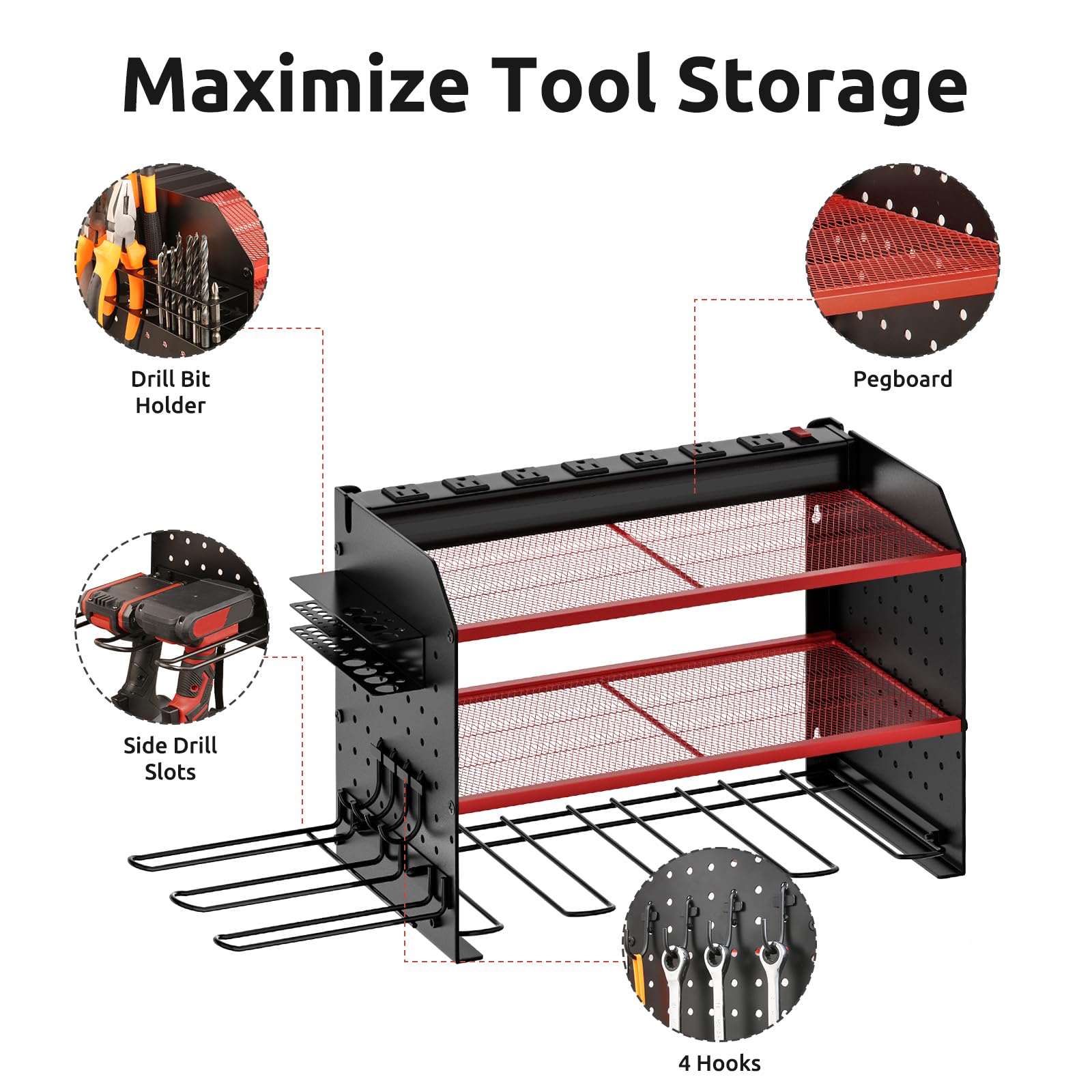 FUZVOL Power Tool Organizer Wall Mount With Power Strip 8-outlet Surge Protector, Heavy Duty Garage Storage Shelves Rack With Drill Bit Holder, Cordless Power Tool Holder With Charging Station,Red
