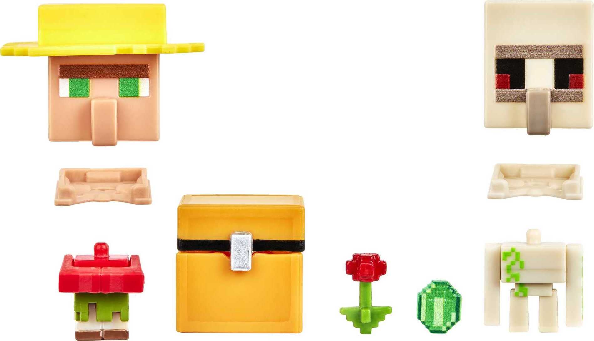 Minecraft Mob Head Minis Villager Guarding Iron Golem Pack with 2 Action Figures & Accessories, Incudes Authentic Pixelated Video-Game Characters Steve & Spider, Age 6 Years & Older