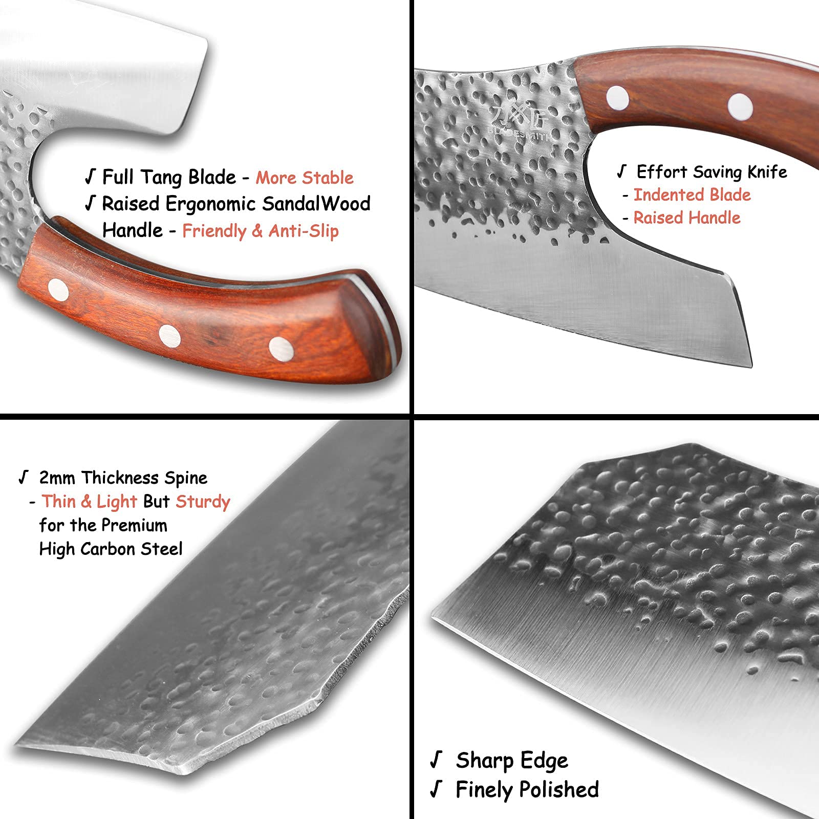 BLADESMITH Vegetable Cleaver Knife Effort Saving - Ultra Sharp Chinese Chef Knife Chopping Knife - Full Tang High Carbon Steel Meat Cleaver Forged Blade 7'' -SandalWood Handle - Light & Well Balance