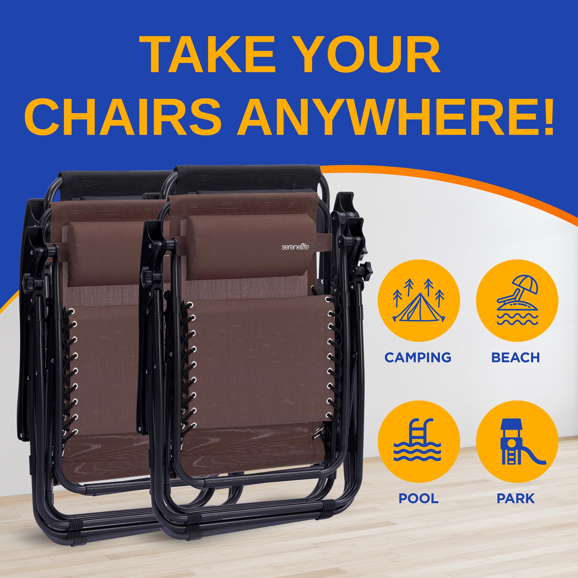 SereneLife Zero Gravity Chairs Set of 2 - Adjustable Steel Mesh Lawn Chairs - Outdoor Lounge Chairs with Detachable Cup Holder Tray - Foldable Outdoor Chair with Removable Pillows - Brown