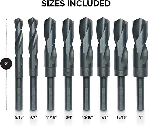 HILTEX 10005 Jumbo Silver & Deming Drill Bit Set, 8 Piece, 1/2" Inch Shank Industrial Large Drill Bit Set 9/16β Drill Bit to 1" Drill Bit, Metal Drill Bits for Steel, Reduced Shank Drill Press Bits