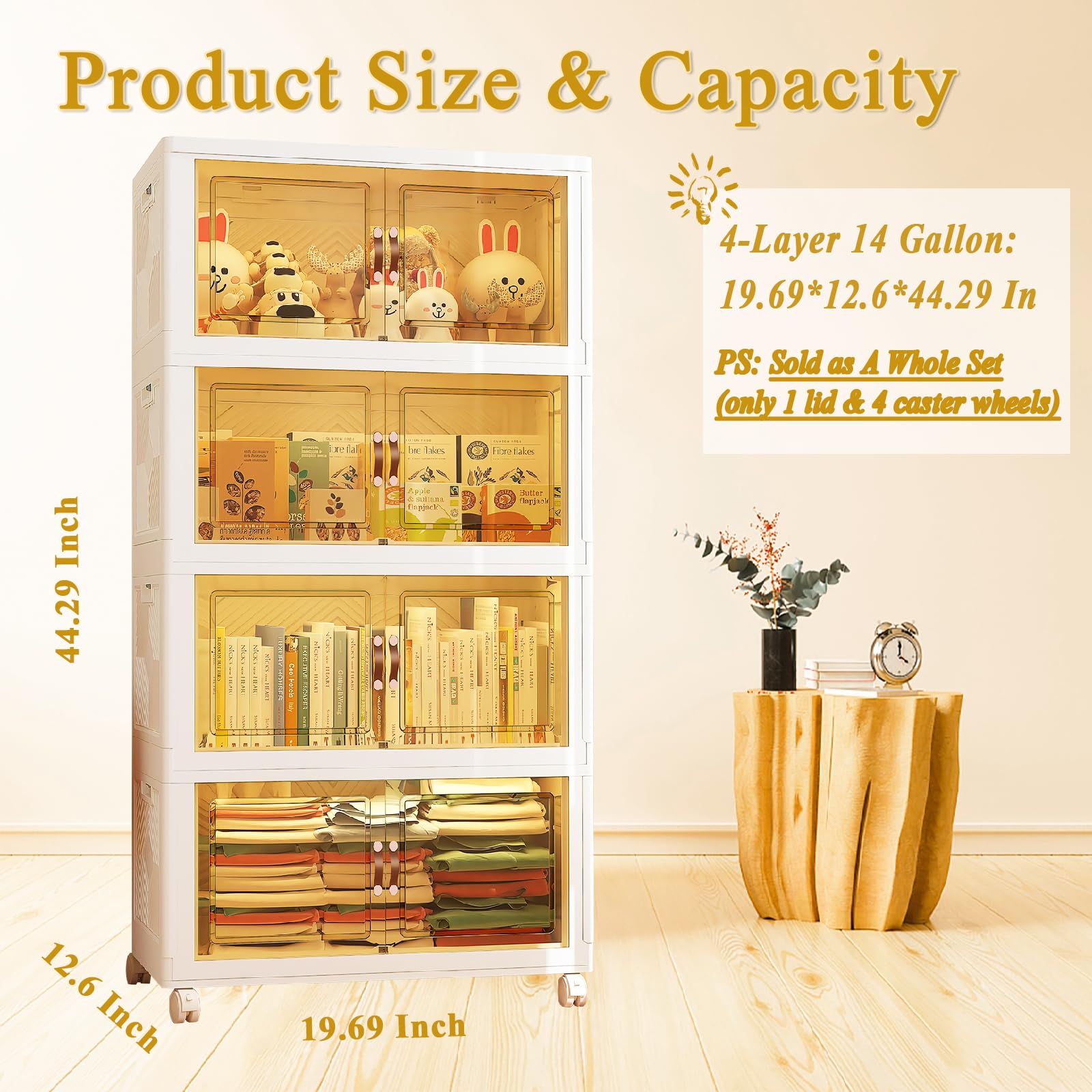 Jacriah Plastic Drawer Storage Bins with Lid, Stackable Storage Bins Open Front, Closet Organizers and Storage Cabinet with Doors and Shelves, Collapsible Storage Bins with Wheels (4 Layer-14 Gallon)