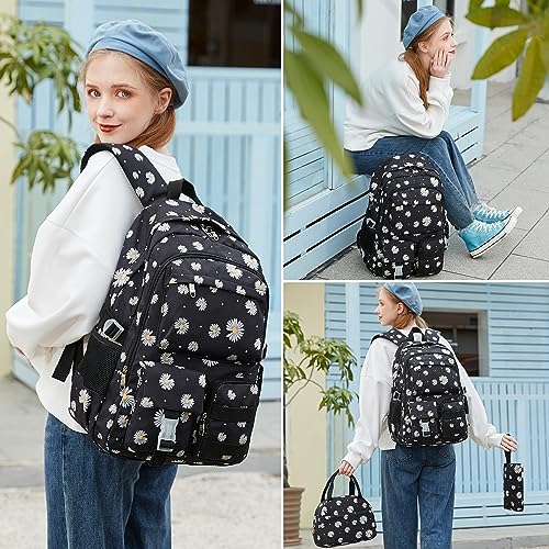 Classic Diamond Daisy Backpack for School Backpack for Girls Backpack with Lunch Box Bookbag Set Kids Backpacks for Teen Girls (Black)