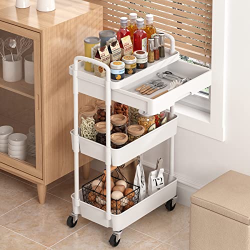 Dttwacoyh 3-Tier Rolling Cart,Trolley with Drawer, Multifunctional Storage Organizer with Plastic Shelf & Metal Wheels, Kitchen Storage Cart for Living Room, Kitchen, Office, Bathroom, White