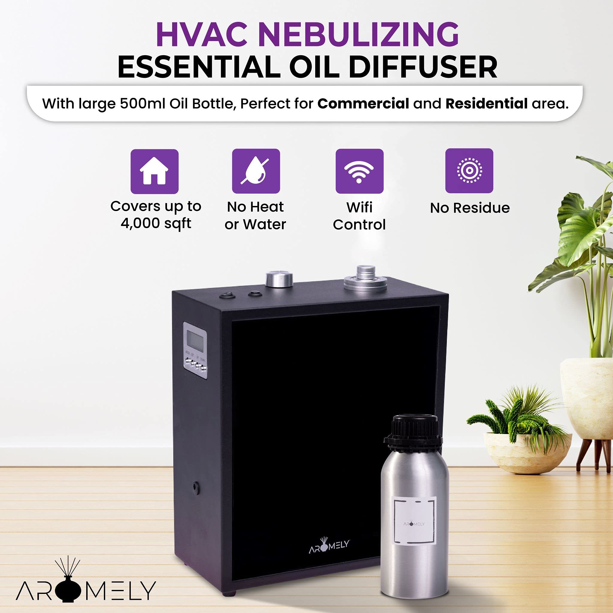 Aromely Smart HVAC Nebulizing Aromatherapy Scent Diffuser - Waterless Aroma Machine Perfect Air Freshener for Home or Office up to 4,000 SQSF Large 800ml Oil Bottle. (White)