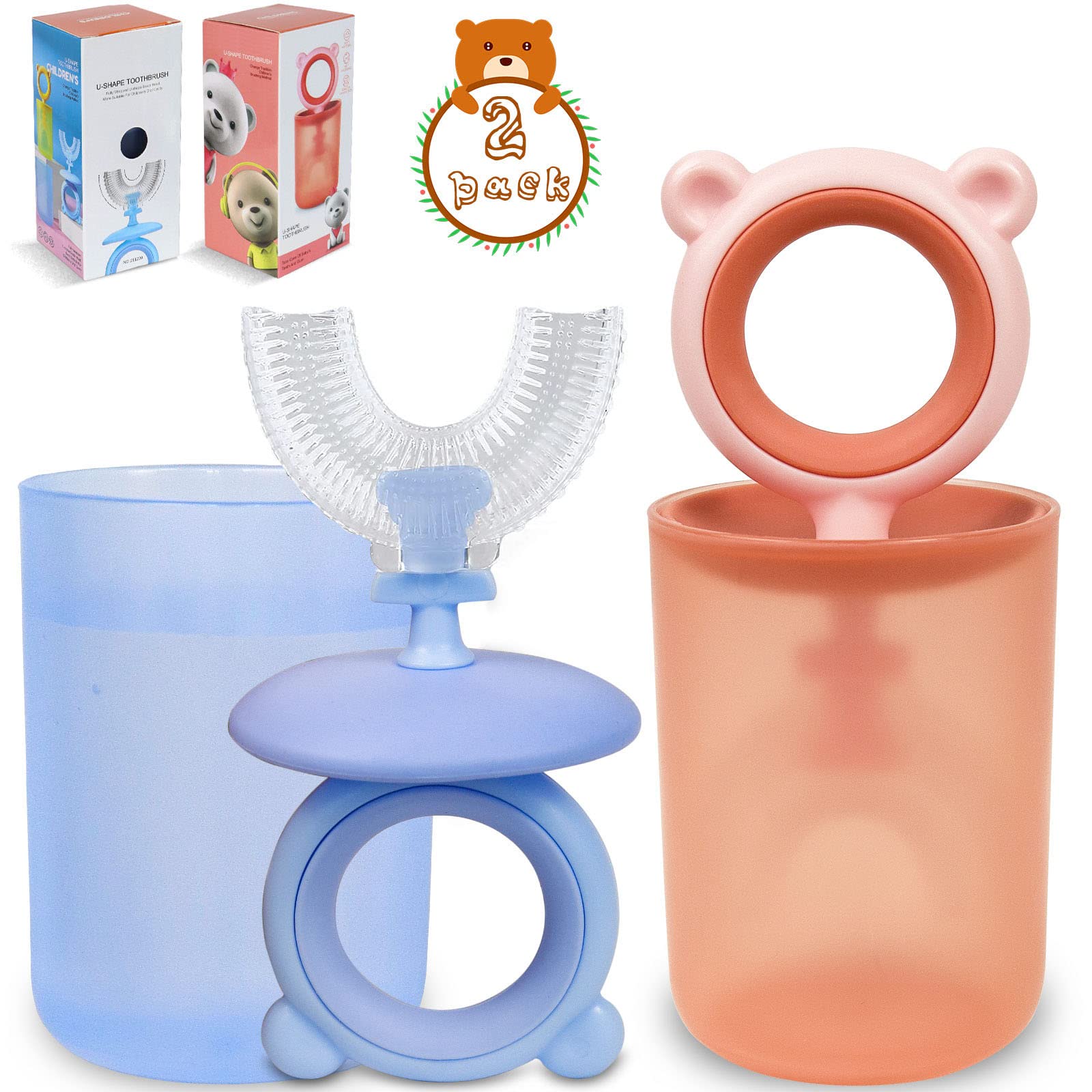 COLOROUND 2 Pack Kids U Shaped Toothbrush for Toddlers Age 2-6, Silicone Baby Toothbrush with Storage Cup, Baby Manual Training Toothbrush 360° Oral Teeth Care for Children