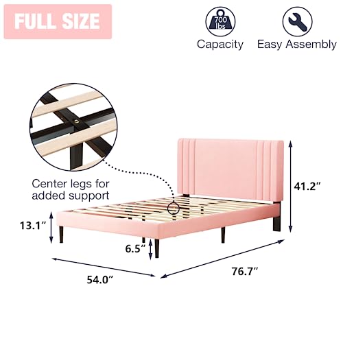 Daznzn Full Size Bed Frame with Headboard, Velvet Upholstered Platform Bed with Strong Wood Slats Support, No Box Spring Needed, Strong Weight Capacity, Noise Free, Easy Assembly, Pink