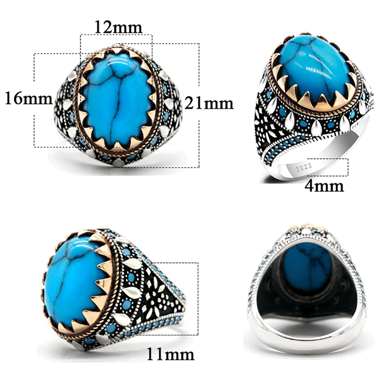 AROTOROM Turquoise Stone 925 sterling silver ring with Oval Sky Blue Stone Ring Life Track Significance Turkish Handmade Jewelry (Size 10)