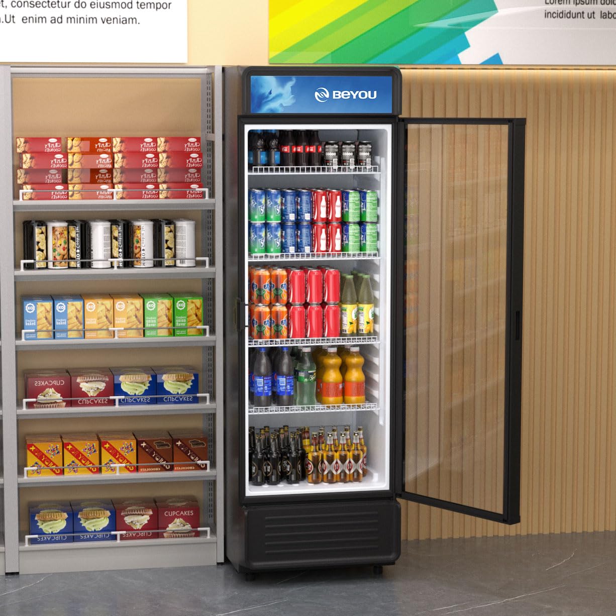 BEYOU Commercial Refrigerator, 12.2 cu. Ft Upright Beverage Display Merchandiser with single Glass Door, Drink Cooler for Living Room,Bar,Garage(Black)