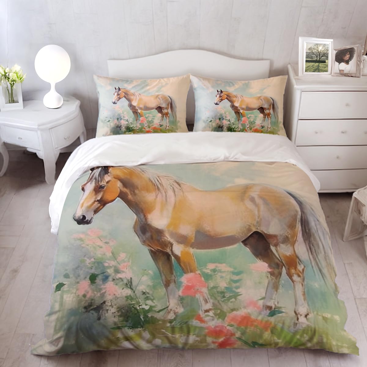 SHOMPE Girls Horse Comforter Sets Full Size,Retro Floral Bedding Wild Animal Galloping Horse Quilt Sets for Kids Teens 3 Pieces Sets with Pillowcases Bedroom Decor