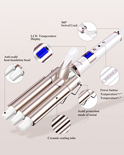 CkeyiN 3 Barrel Curling Iron Wand Hair Waver with LCD 16 Temperature Control Display, Ceramic Tourmaline Crimper Hair Iron with Glove, for All Hair Types Crimper Beach Waving Styling (Display)