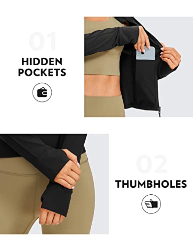 CRZ YOGA Butterluxe Womens Cropped Slim Fit Workout Jackets - Weightless Track Athletic Full Zip Jacket with Thumb Holes Black Medium