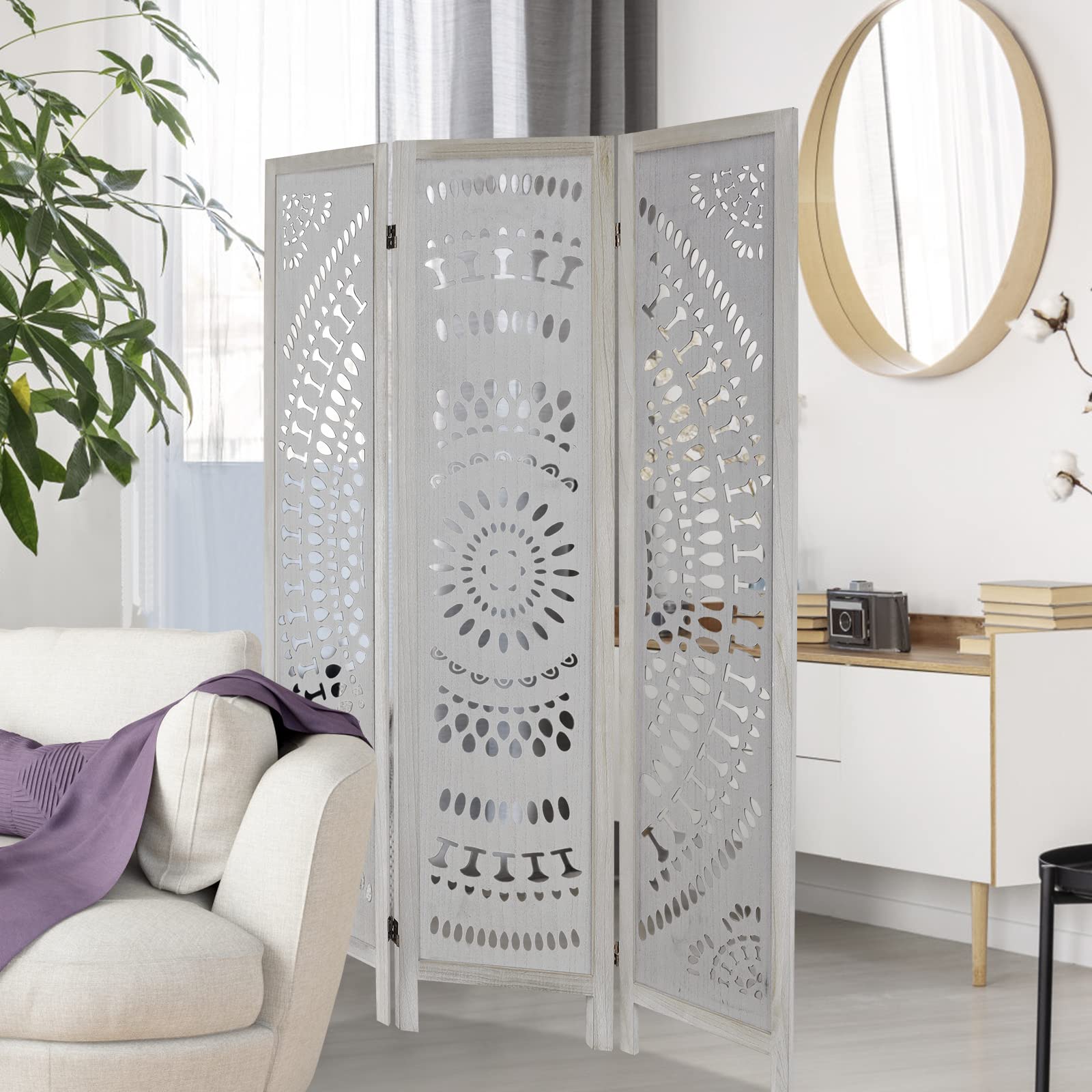 ECOMEX 4 Panel Cutout Room Divider Fully Assembled 5.6Ft Wooden Room Divider and Folding Screens, Carved Room Divider Screen Wall Partition for Home Office Restaurant Bedroom, Natural Brown