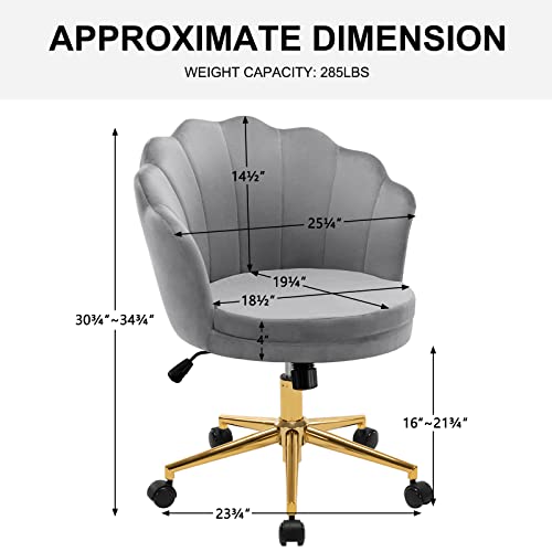 Furnimart Home Office Chair with Wheels Upholstered Comfy Velvet Desk Chair Stool, Adjustable Swivel Modern Seashell Back Vanity Chair for Living Room, Bedroom, Office (Grey)