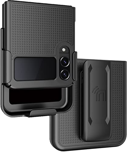 Case with Clip for Galaxy Z Flip 4 5G, Nakedcellphone [Grid Texture] Slim Hard Shell Cover and [Rotating/Ratchet] Belt Hip Holster Holder Combo for Samsung Z Flip4 Phone (SM-F721U, 2022) - Black