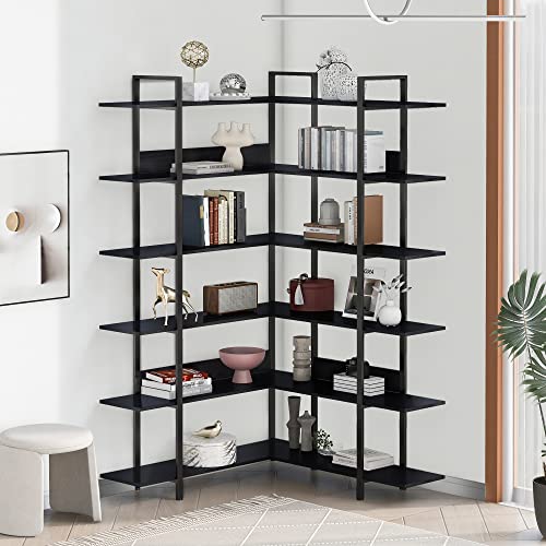 Corner Bookcase, 6-Tier L-Shaped Tall Bookshelf with Open Storage, Freestanding Industrial Shelf with Metal Frame for Home Office Funiture(Black)