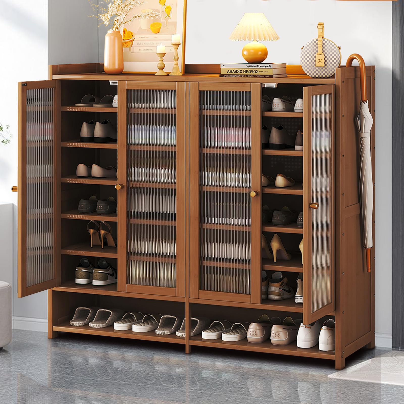 BYSIECD Shoe Cabinet with Doors 8-Tier Shoe Storage Cabinet Freestanding Shoe Rack Cabinet with Adjustable Shelves for Hallway, Bedroom, and Entryway (Brown-1)