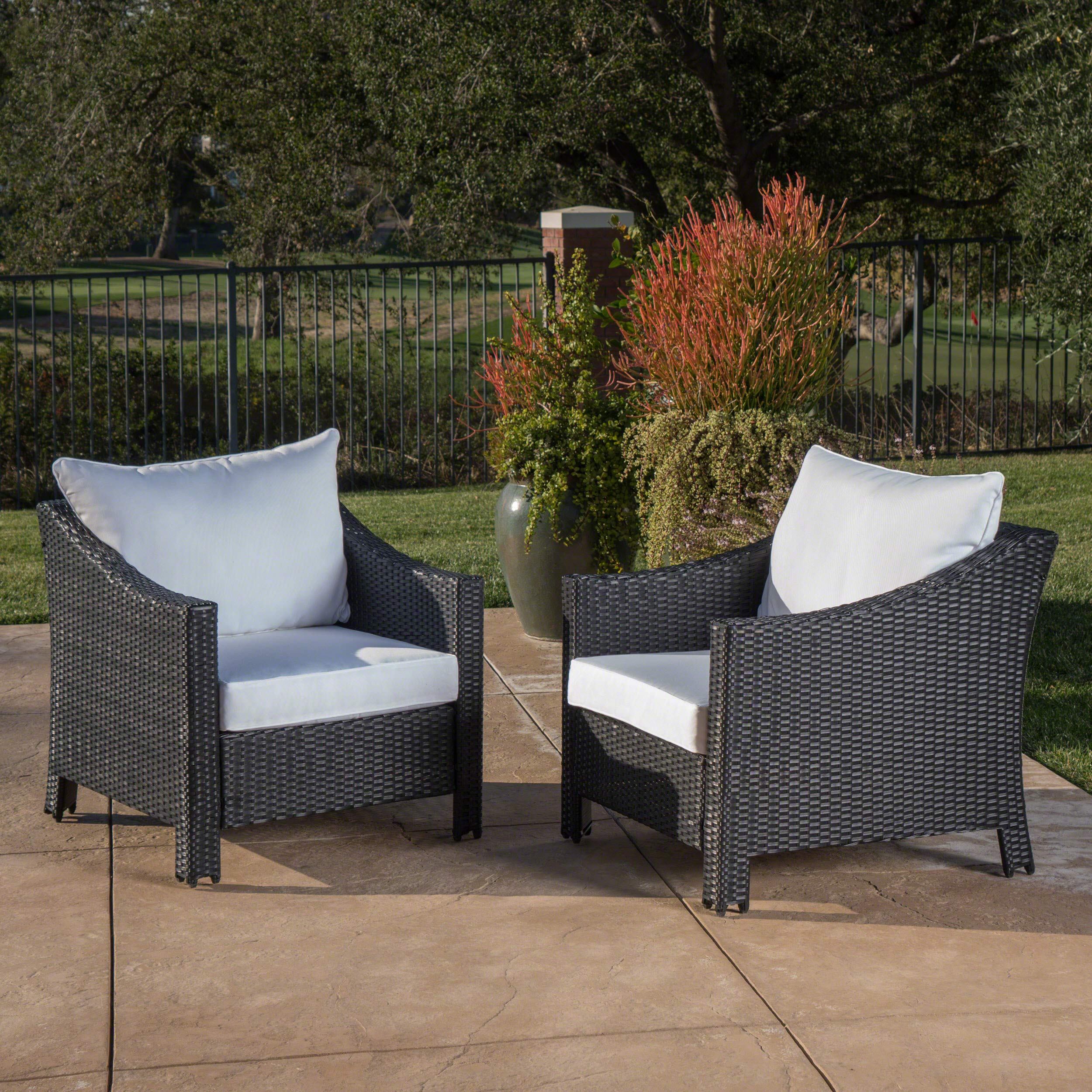 Christopher Knight Home Antibes Outdoor Wicker Club Chairs with Water Resistant Cushions, 2-Pcs Set, Black / White Cushion