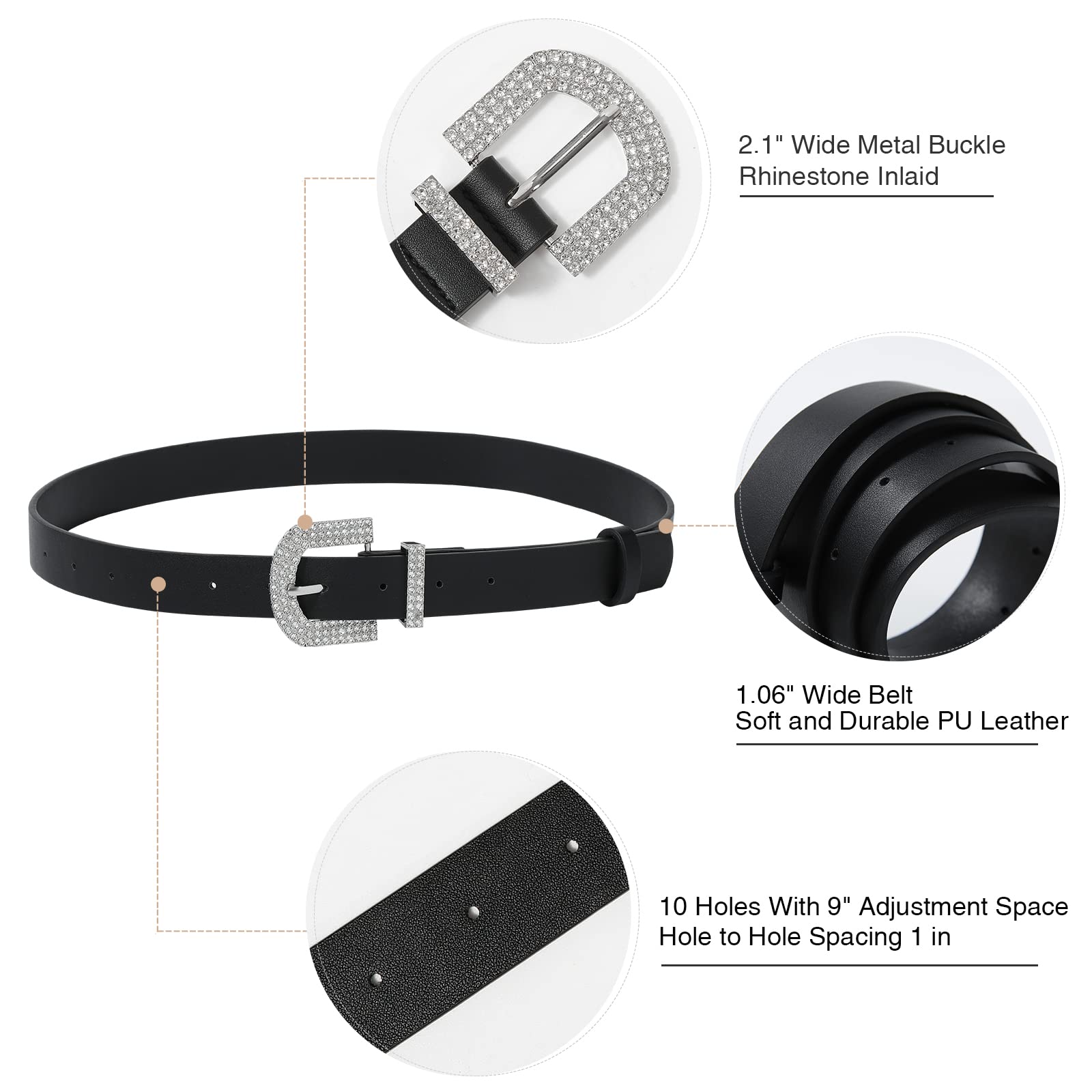 AWAYTR Rhinestone Buckle Belt for Women - PU Leather Plus Size Belts for Jeans and Dress (Black,100cm)