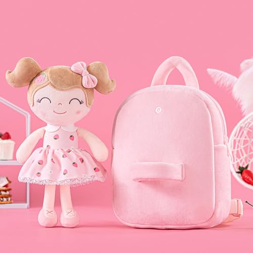 Gloveleya Kids Backpack for Girls backpacks Plush bag with Soft doll for Toddler baby Strawberry 9 Inches