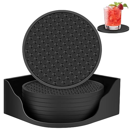 Coasters for Drinks set of 8 with holder,Silicone Black Coasters Tabletop Protection for Any Table Type,Double-sided available,Dishwasher Safe,Non-slip Base with Grooved design,Fits most Size of Cups.