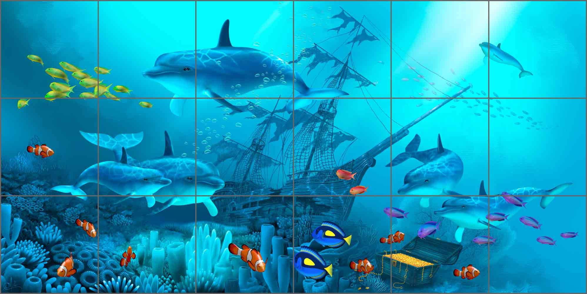 Dolphin Art Tile Mural Backsplash - Lost Treasures by David Miller Ceramic Kitchen Shower Bathroom (48" x 24" on 8" Tiles)