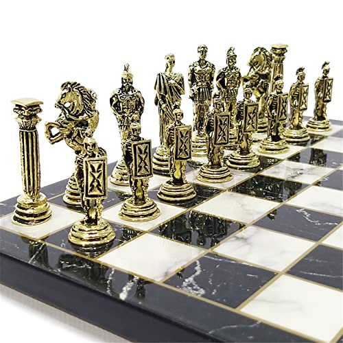 ARRGO Metal Chess Set with Shield Medieval Roman Soldier Collection Figured Antique Set Gray and Bronze Stones 27x27 CM Wooden Table