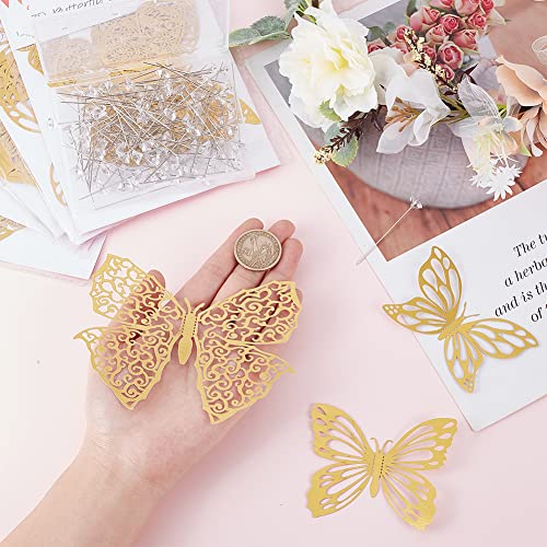 CHGCRAFT 160Pcs 5Styles Bouquet Wedding Corsages Pins 3D Gold Butterfly Wall Decor Include 100Pcs Head Pins 60Pcs 3D Gold Removable Butterfly Sticker for Birthday Party Wedding Garland