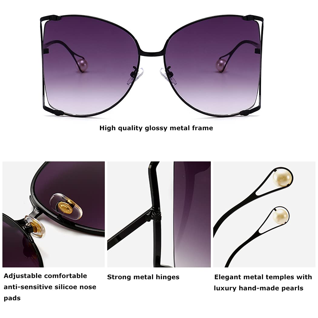 Armear Women Oversized Semi Rimless Sunglasses Retro Gold Metal Frame Brown Lens Fashion Pearl Design 64mm