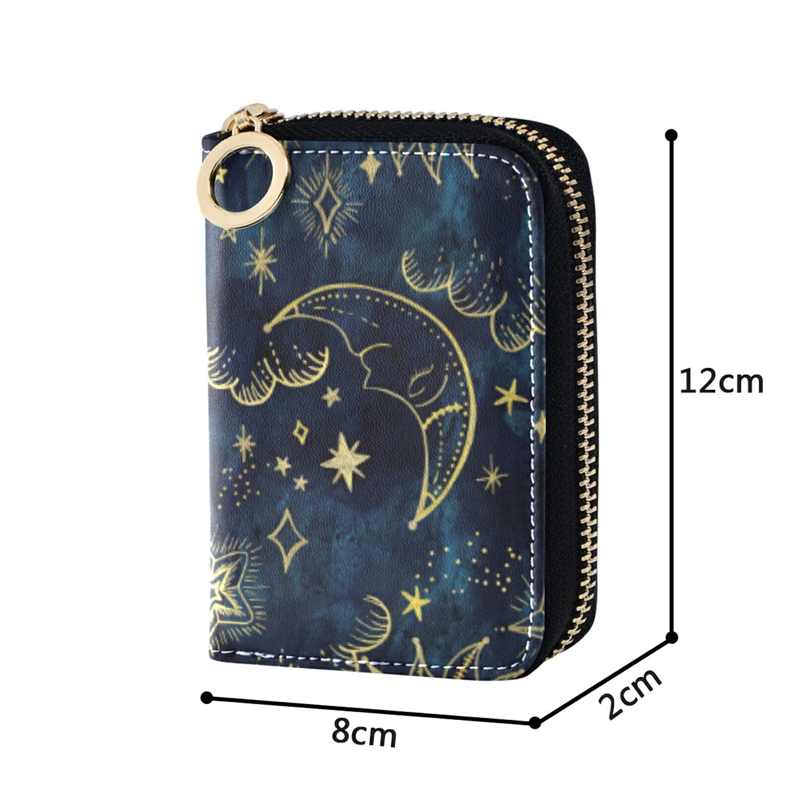 Gold Sun Moon Golden Soleil Cosmos Astrology on Dark Blue Pattern Credit Card Coin wallet, Key Change Organizer Zipper Purse Compact Clutch Pouch Pocket, RFID Blocking Women Leather Card Holder