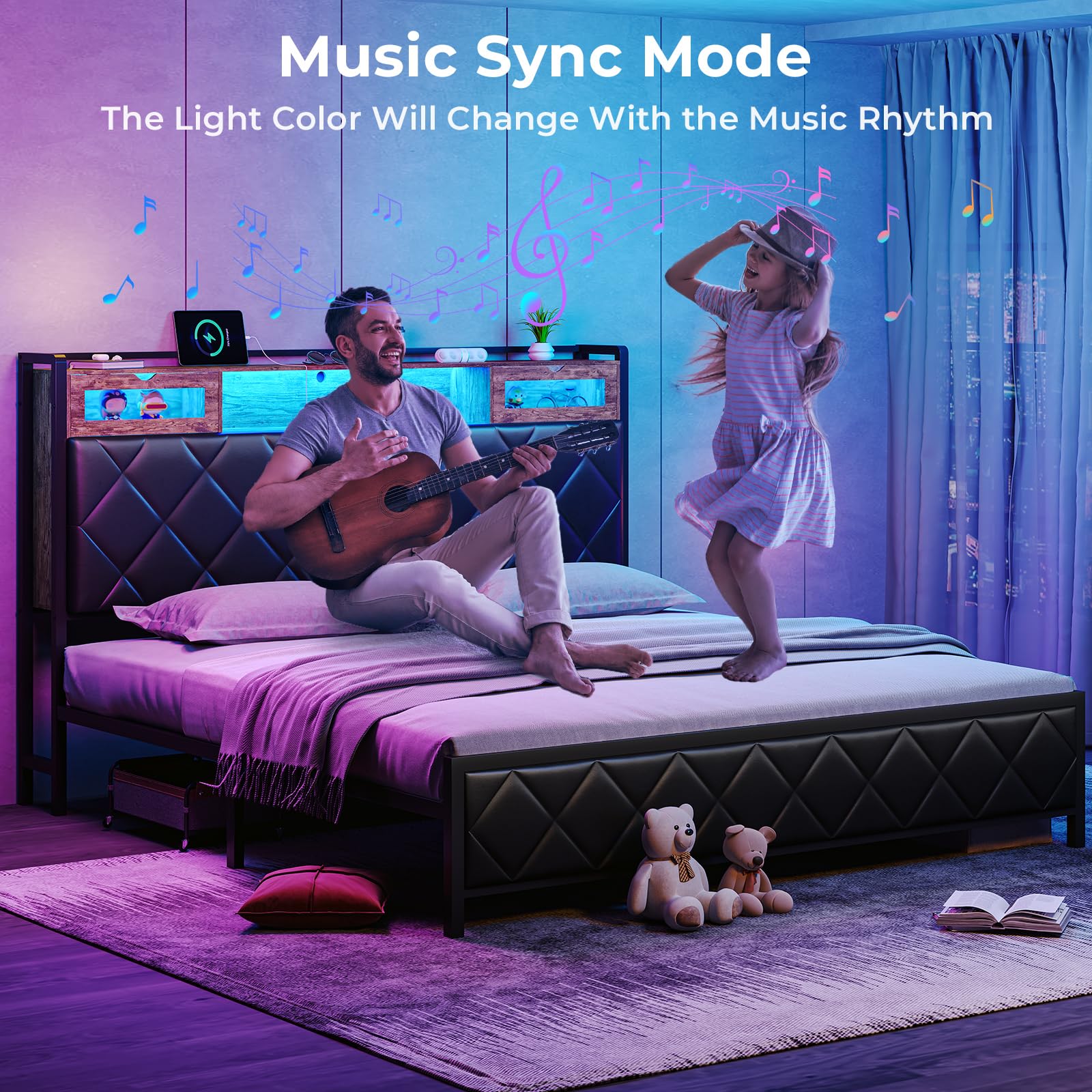 DICTAC King Size Bed Frame, Storage Headboard and Charging Station, Platform King Bed Frame with Led Lights, Solid and Stable, Noise Free, No Box Spring Needed, Easy Assembly, Black