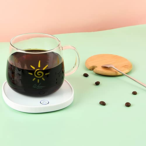 Coffee Mug Warmer Set, Electric USB Mug Cup Warmer with Flat Bottom Mug/Bamboo Lid/Spoon for Desk Office Home Use - White(with Mug)