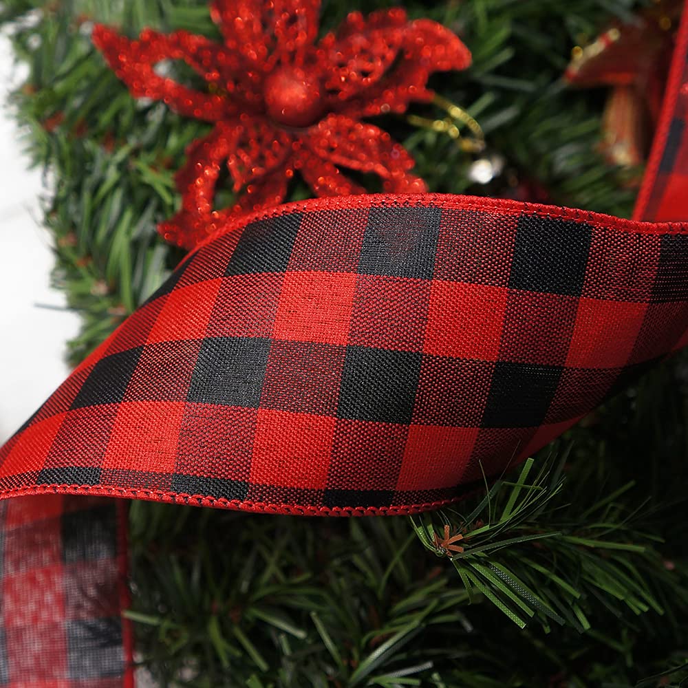 CT CRAFT LLC Plaid Cambridge Gingham Buffalo Wired Ribbon 2.5" x 50 Yards Black with Red for Christmas Home Decor Tree Topper Bow Gift Wrapping DIY Crafts Wreath Garland Wedding