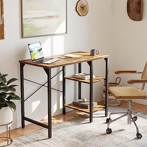 CubiCubi Small Computer Desk, 35 Inch Home Office Desk with 2Storage Shelves on Left or Right Side, Study Writing Desk with Storage Bag, Rustic Brown