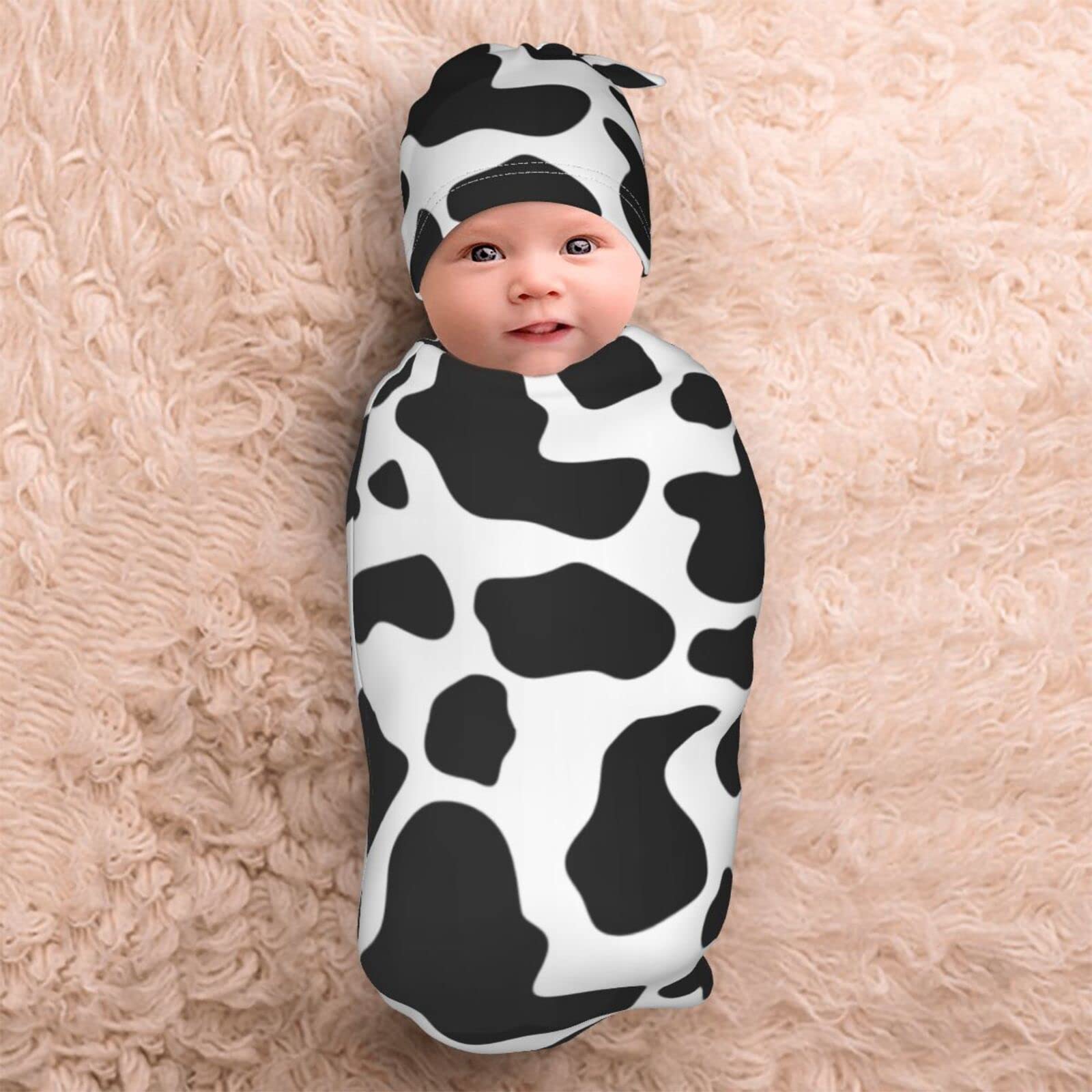Black and White Cow Print Baby Stuff Swaddle Blanket Hat Set,Soft and Stretchy Infant Receiving Blanket for Newborn, Swaddle Sack Wrap for Boy/Girl