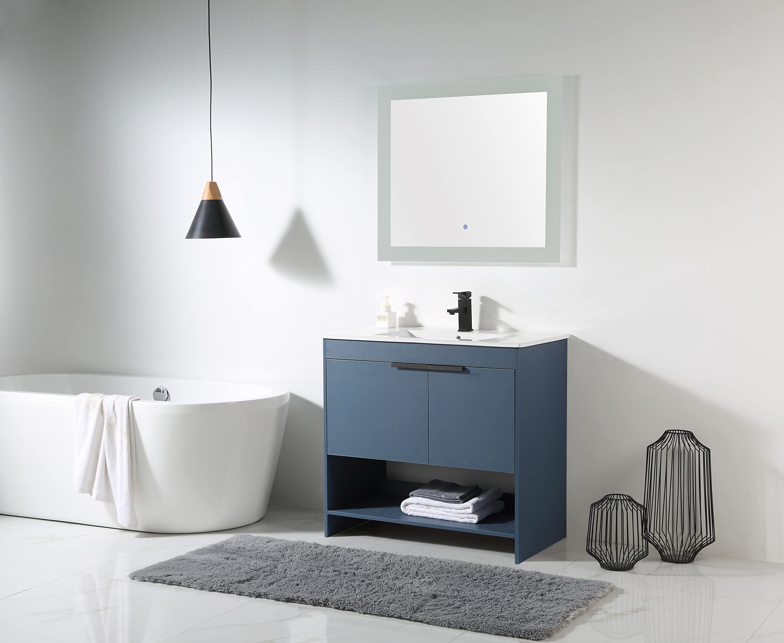 Fine Fixtures Bathroom Vanity with Integrated Ceramic Sink - Bathroom Vanity with Sink & Modern Knob Design - Bathroom Vanities with Sturdy Marble Top & Soft Closing Doors (36 Inch) Navy Blue