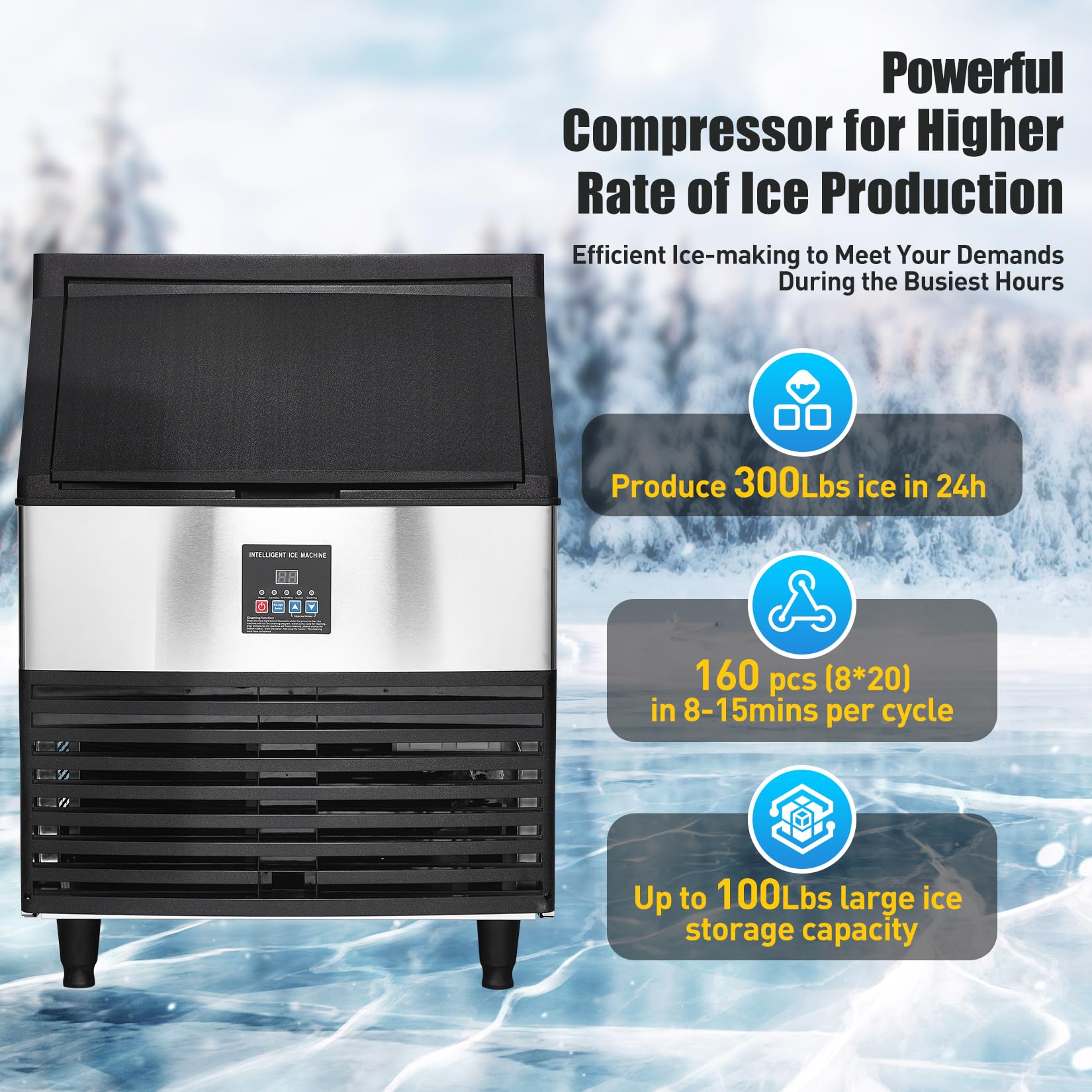 Commercial Ice Maker Machine 300lbs/24H, with 100lbs Ice Storage Capacity, Under Counter Stainless Steel Ice Machine, Self Cleaning, Freestanding Industrial Ice Maker with Ice Scoop, Self-Cleaning
